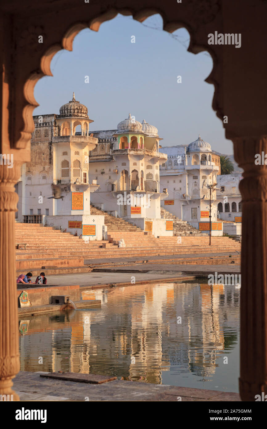 India, Rajasthan, Pushkar Holy Town, Bathing Ghats on the Lake Stock ...