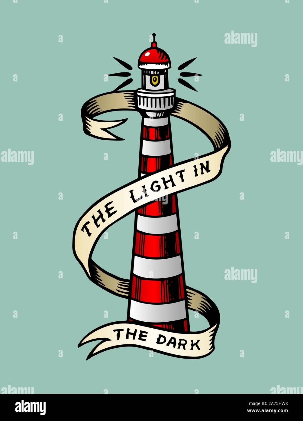 Sea Lighthouse with a ribbon in vintage style. Retro Marine beacon ...