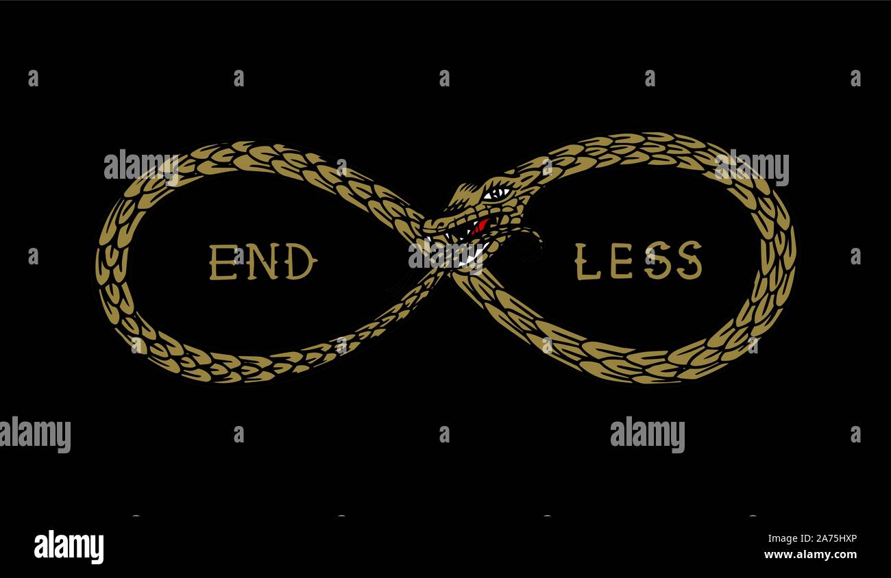 Snake in the shape of infinity in vintage style. Playing cubes. End ...