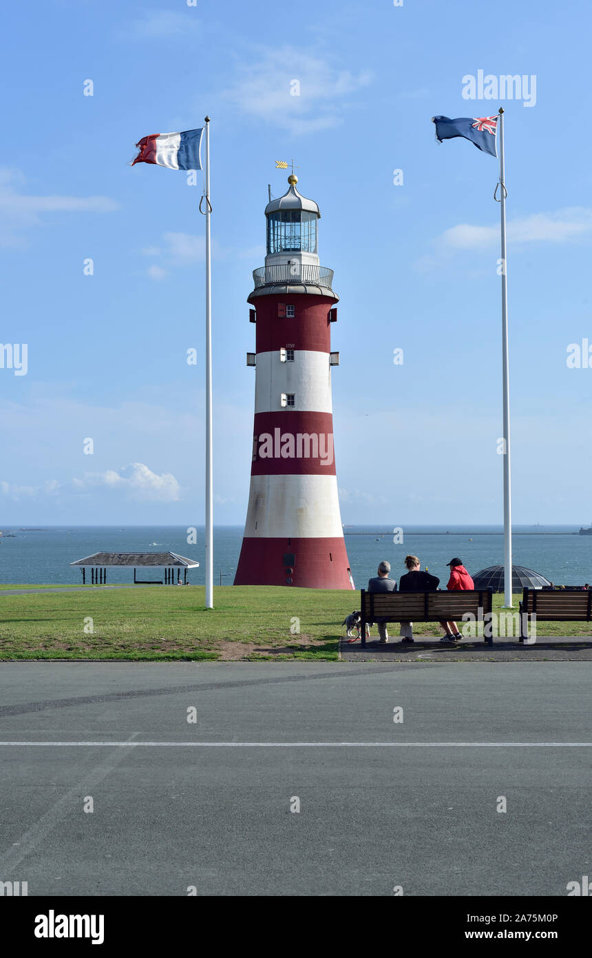 The striped lighthouse on Plymouth Hoe, Devon, on the South west Coast ...