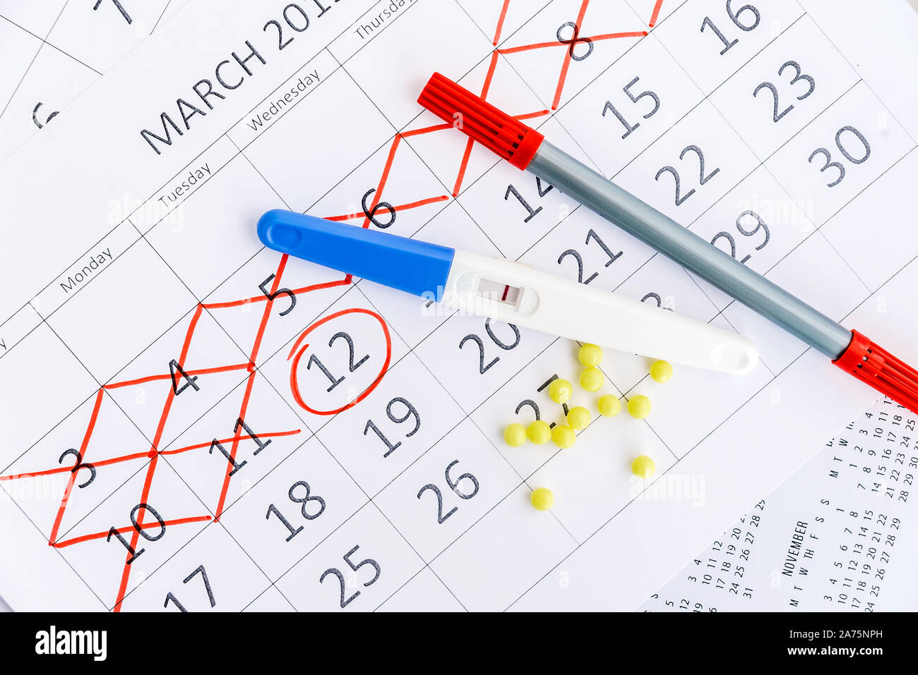 Negative pregnancy test with circling date in calendar. Planning of ...