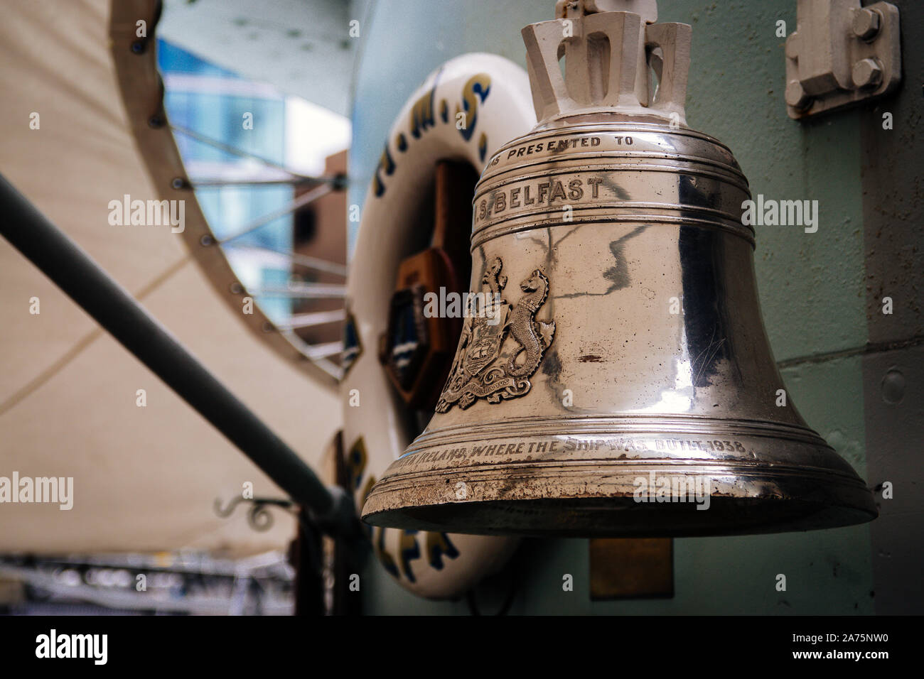 Ship bell of HMS Belfast Stock Photo - Alamy