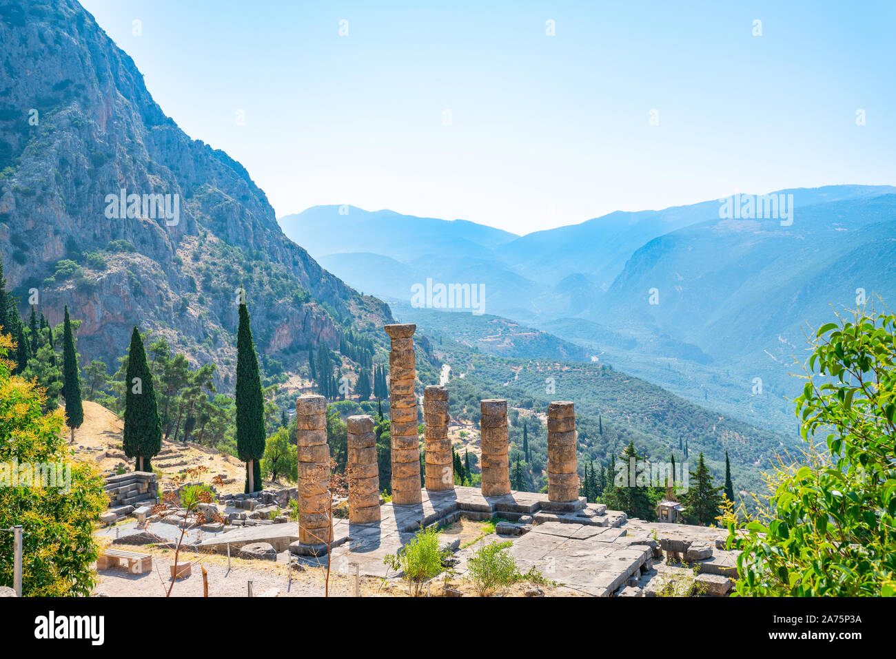 Delphi Greece - July 28 2019; Ancient city of Delphi remains of columns ...
