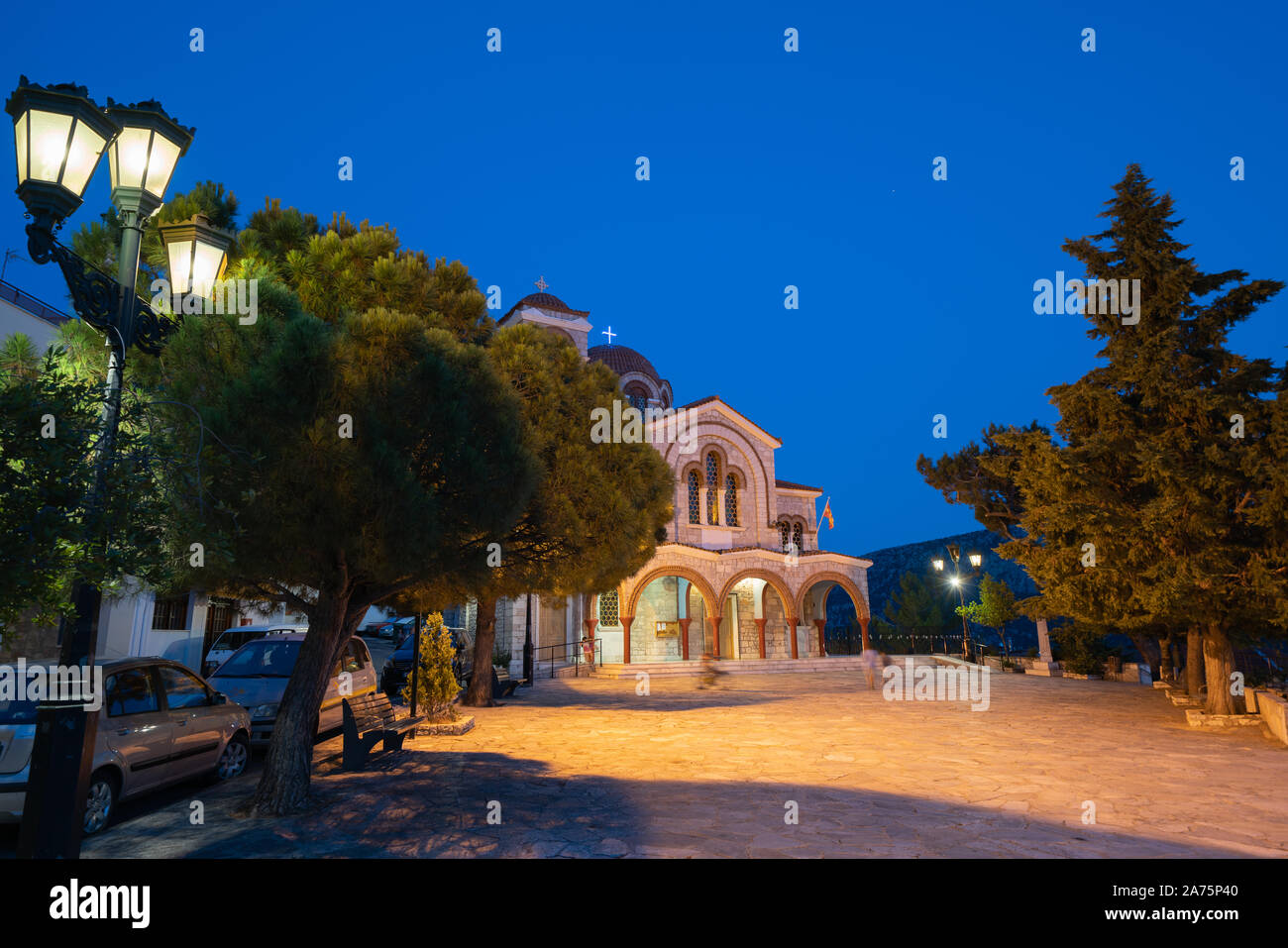 Church of St Nicholas in Delphi at night Stock Photo - Alamy