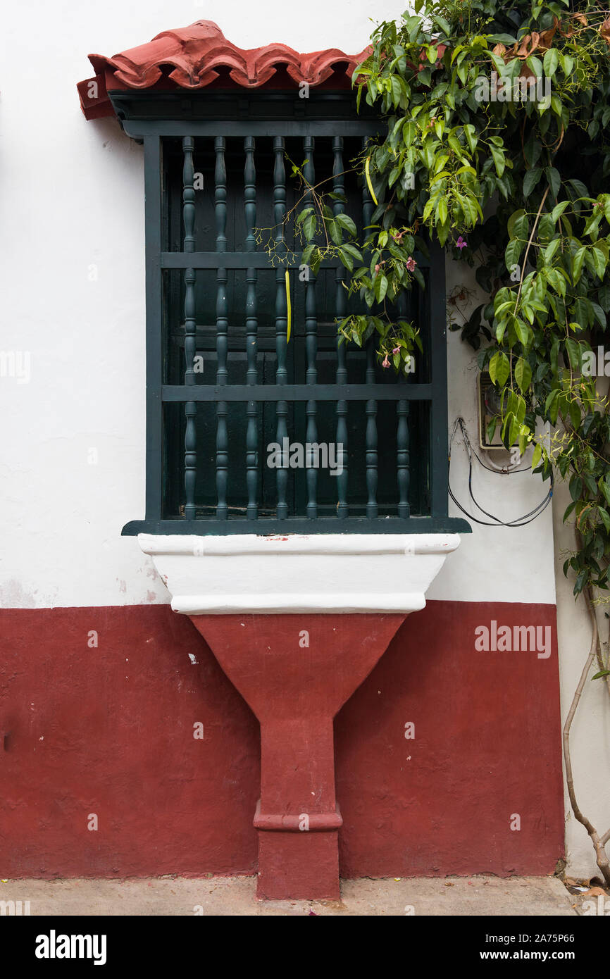View at typical Latin American colonial window in Cartagena, Colombia ...
