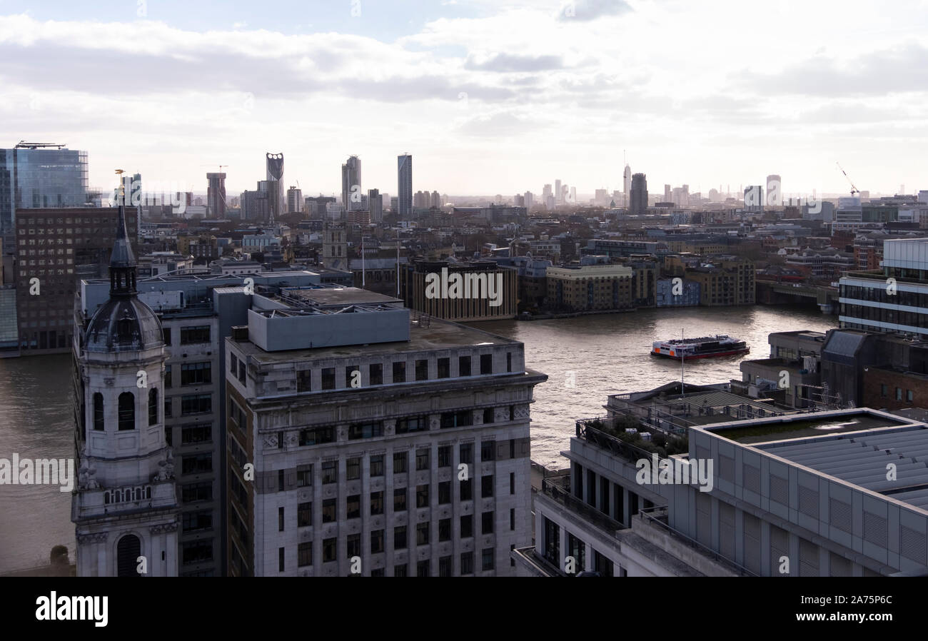 London skyline on a bright sunny day in spring. View towards docklands ...