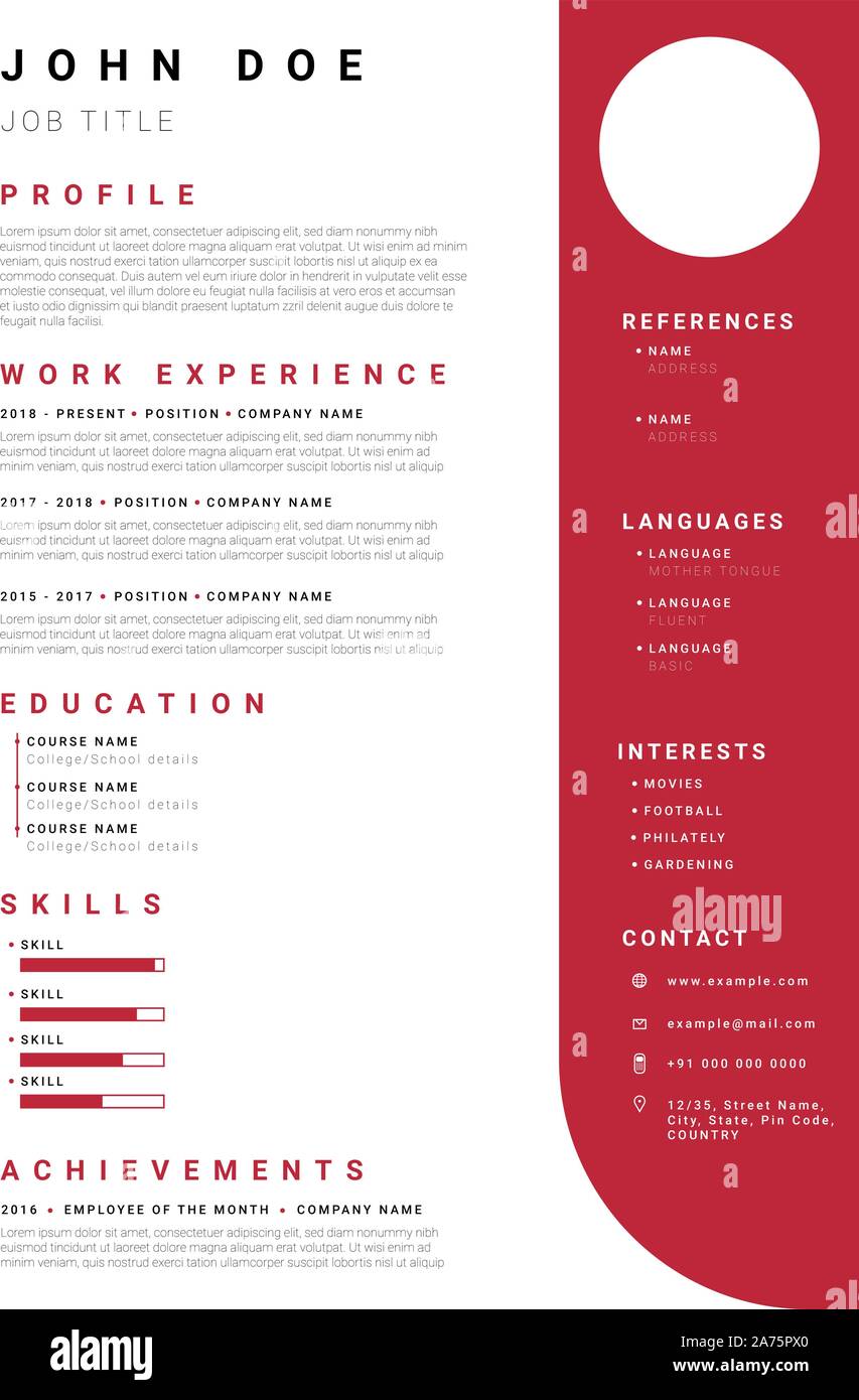 Resume or CV template with minimalist red colour design. Font used is ...