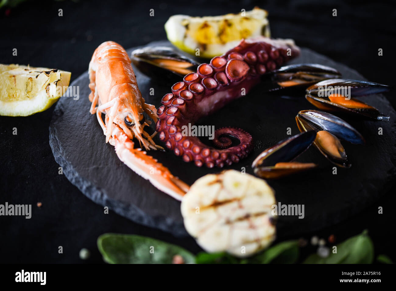 fresh seafood with grilled lemon & garlic - octopus, shrimps, squid ...