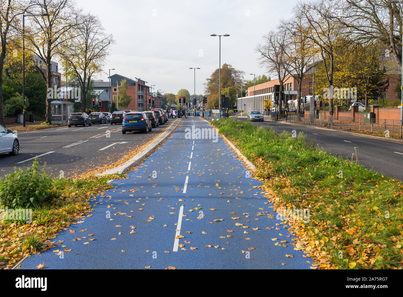 The recently opened blue dedicated cycle lane on the A38 Bristol Road ...