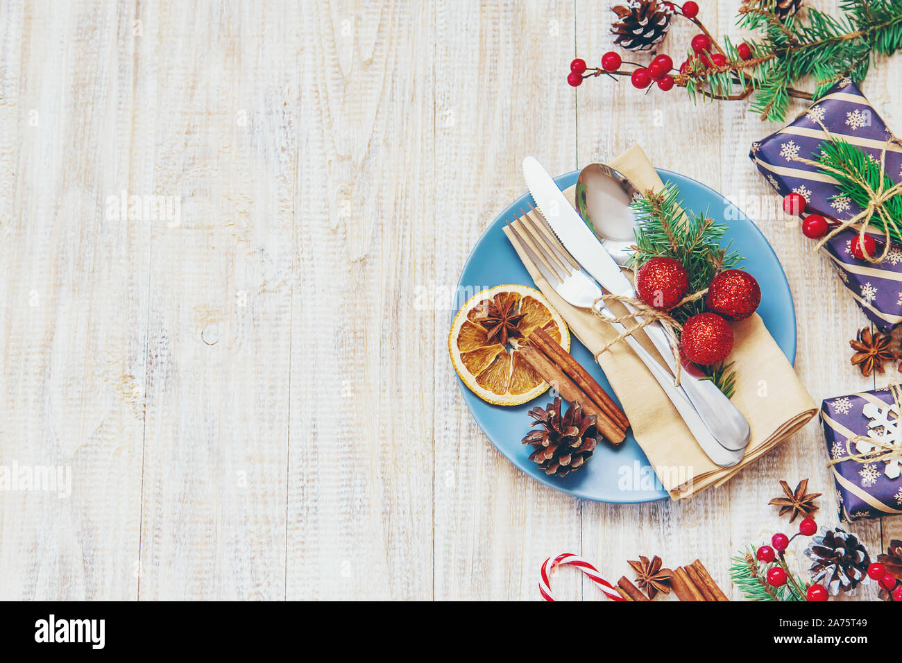 Christmas background. Table setting. Selective focus Holiday Food Stock ...