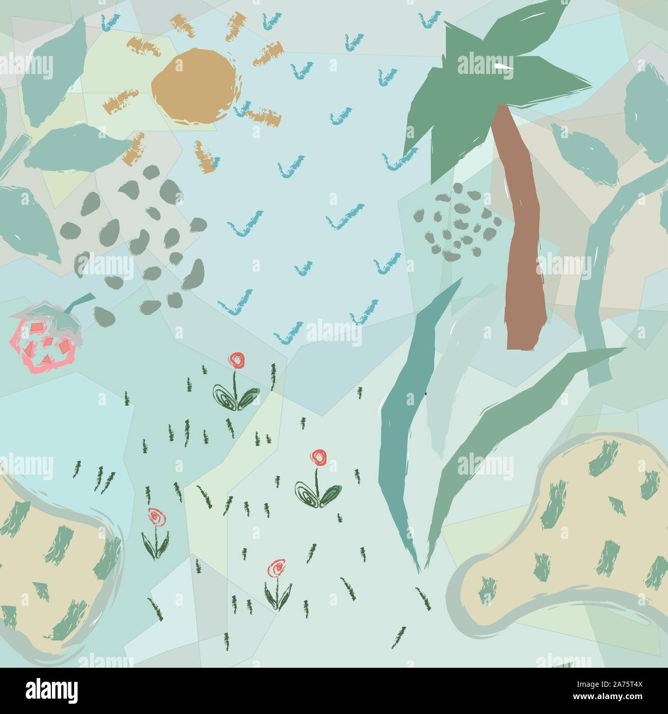 Cute seamless background with palms, field, sun, grass. Cute childish ...