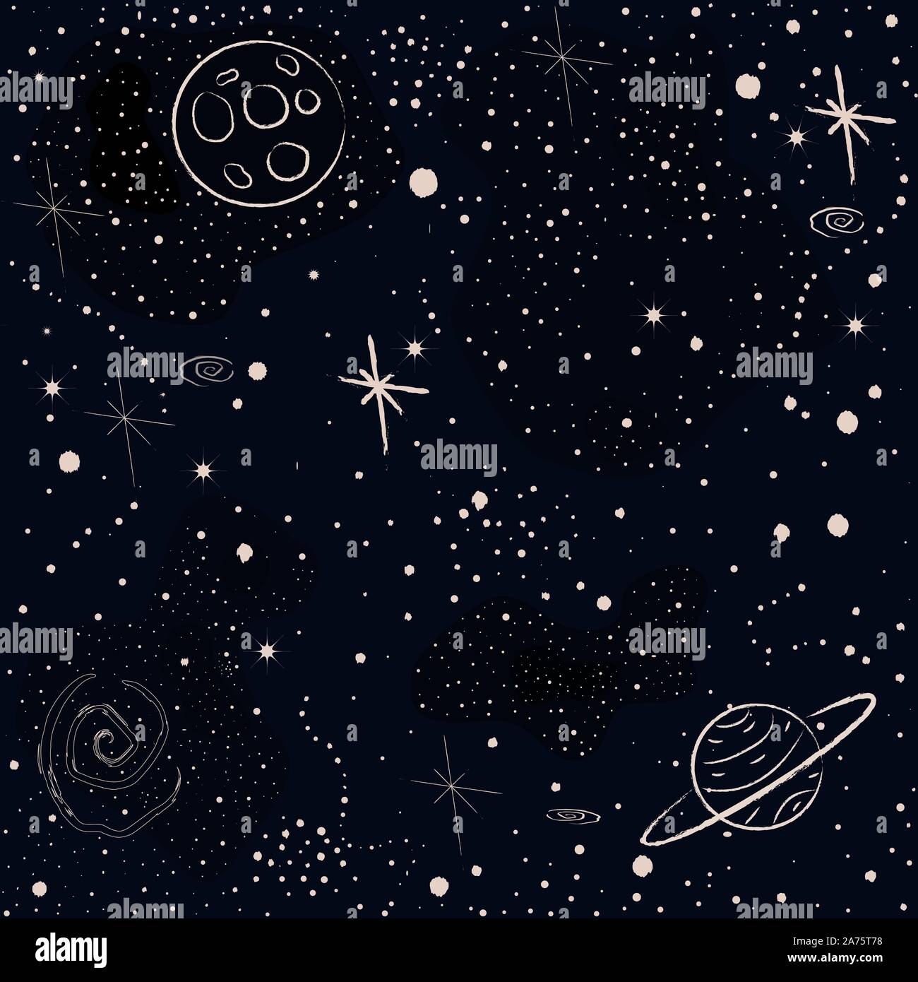 Seamless Cosmic Pattern with stars, planets, rocket, spiral galaxies ...