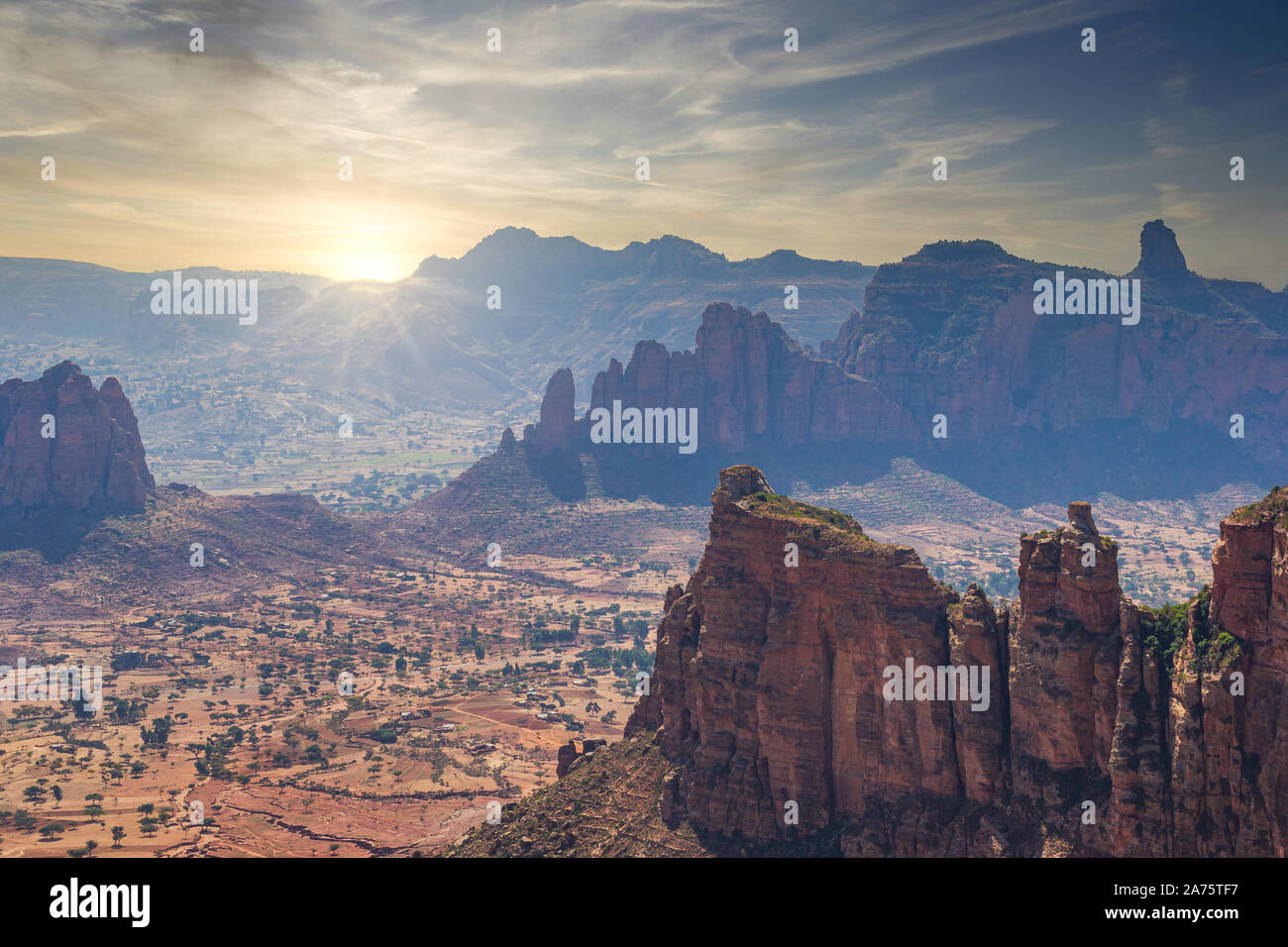 Amazing sunset at the Ethiopian landscape of Gheralta mountains ...