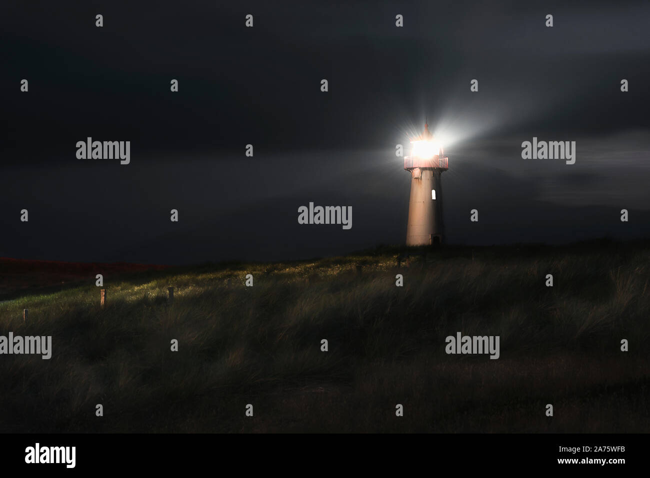 Night landscape with a lighthouse on dunes with high grass, on Sylt ...