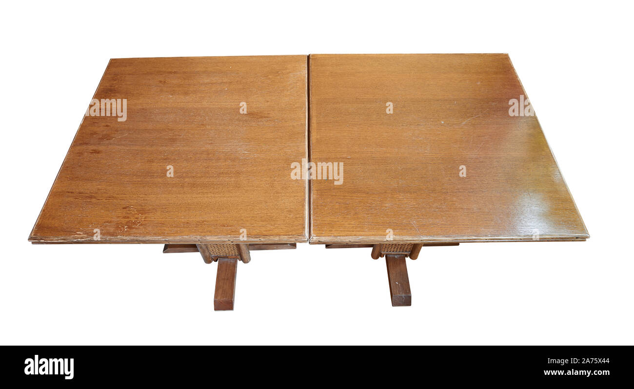 Two rustic and textured wooden table view in perspective isolated with ...