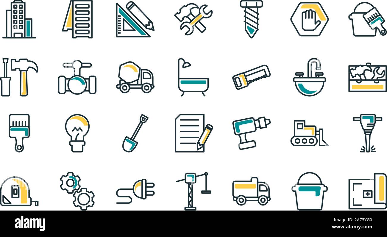 Construction icon set design, Work repair reconstruction industry build ...
