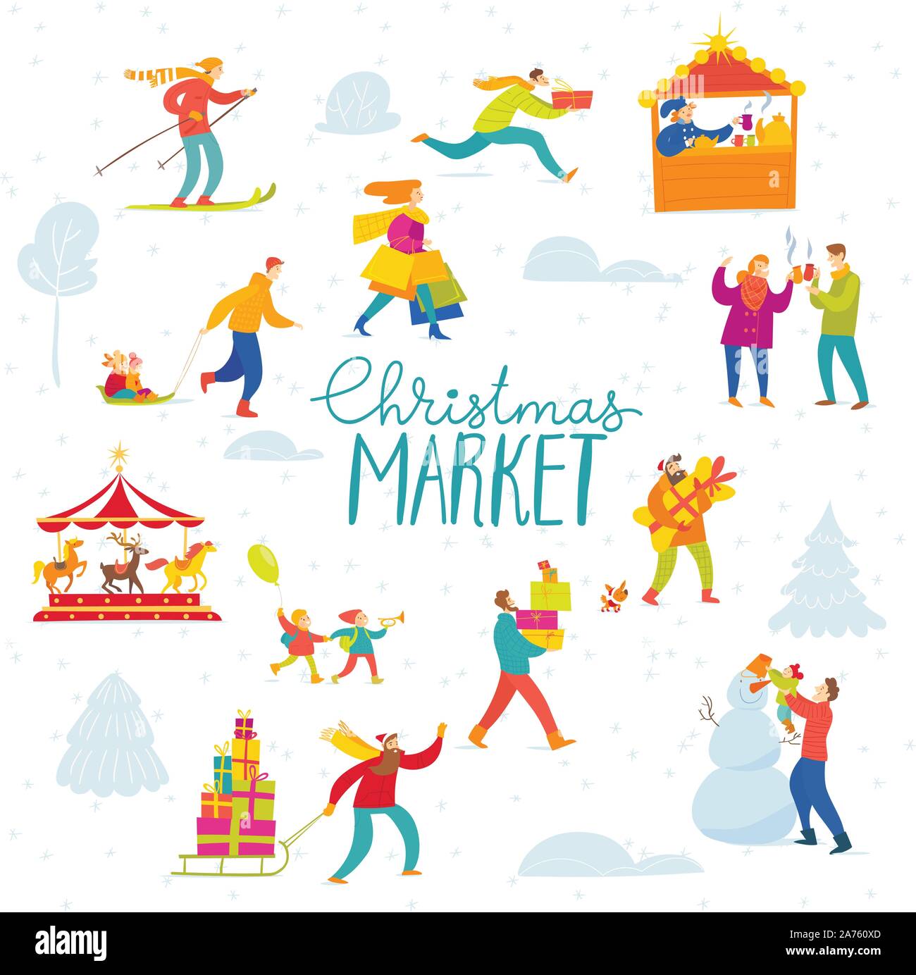 Vector Christmas winter design for holiday market with shopping and ...