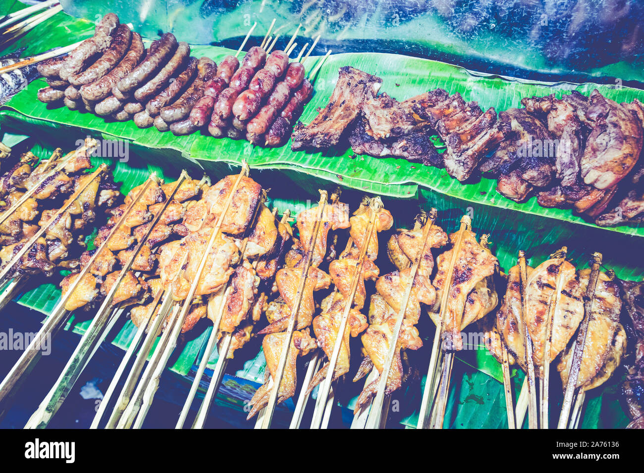 Food bazaar. Traditional buffet at local street food at Night Market at ...