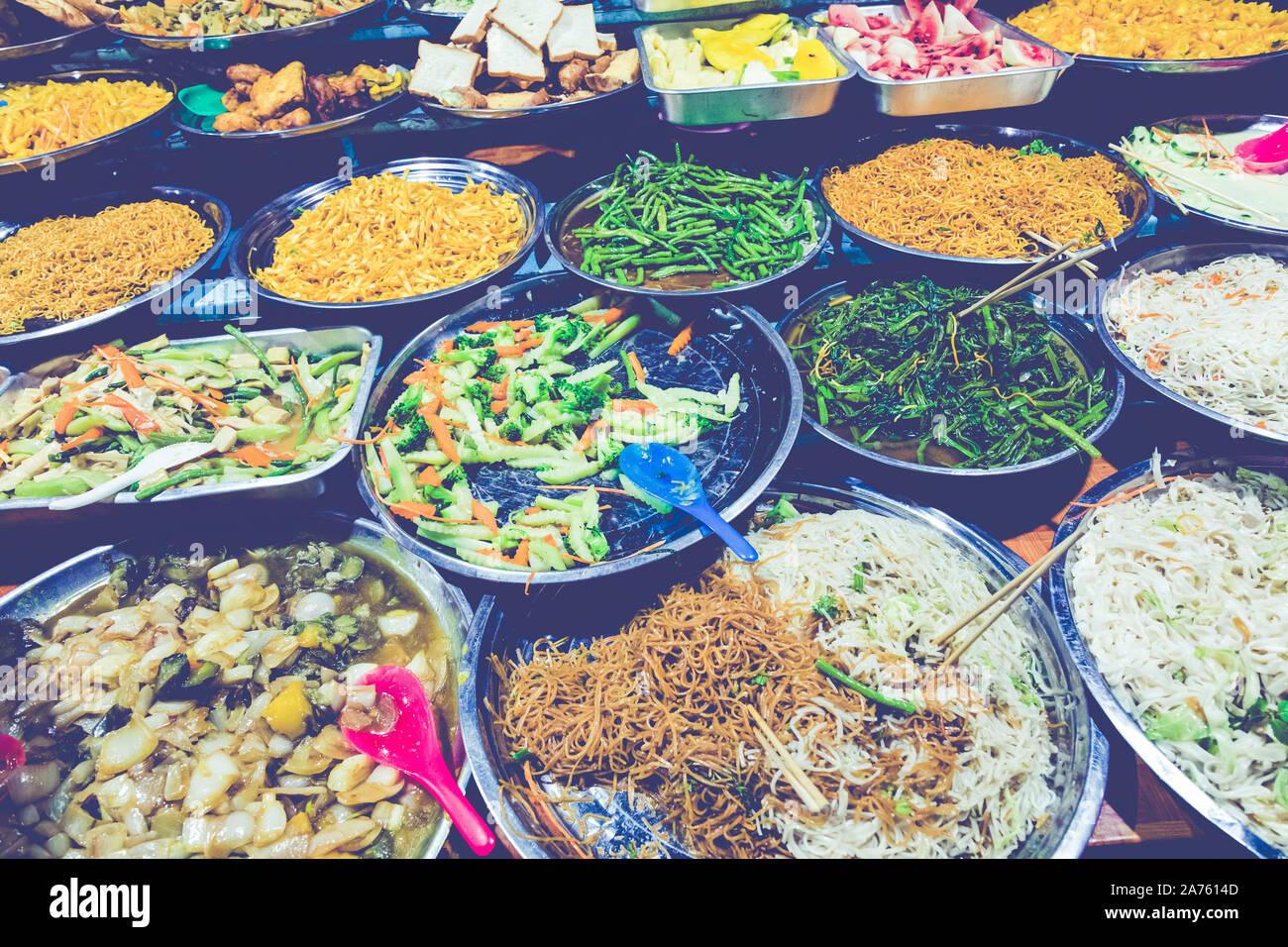 Food bazaar. Traditional buffet at local street food at Night Market at ...