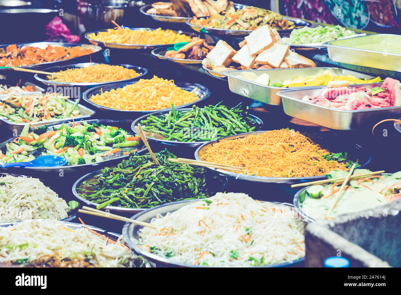Food bazaar. Traditional buffet at local street food at Night Market at ...