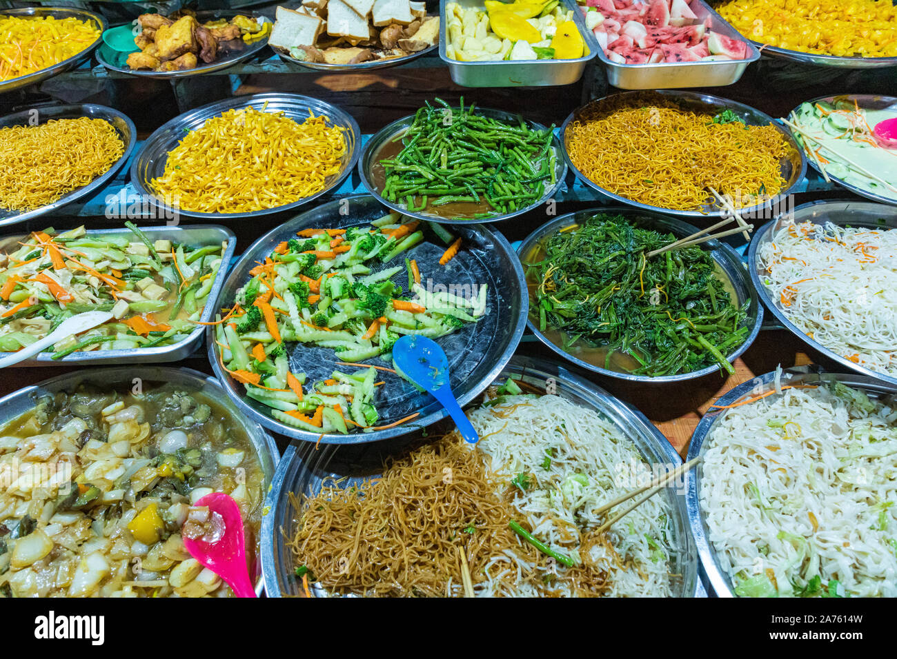 Food bazaar. Traditional buffet at local street food at Night Market at ...
