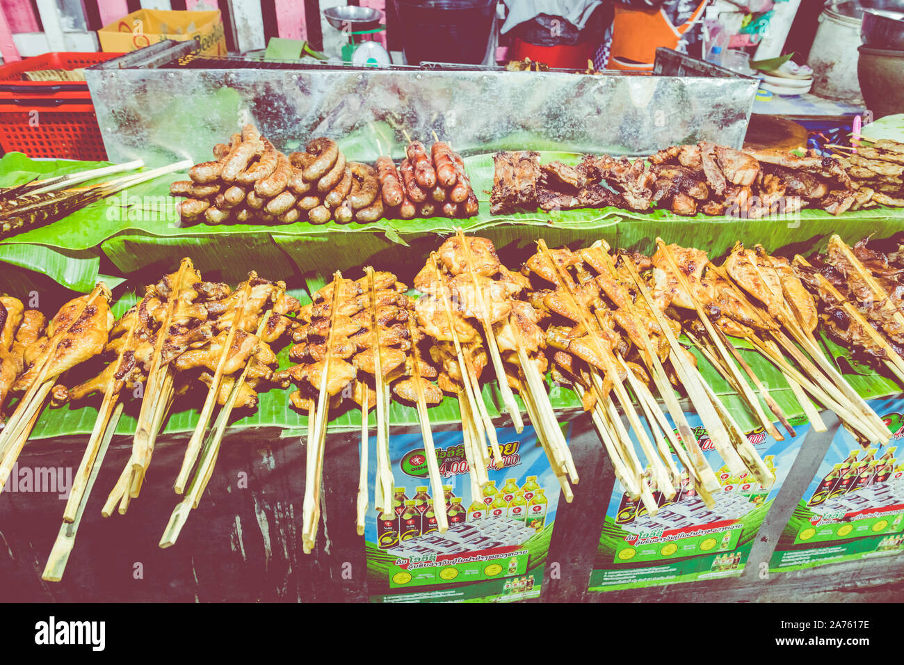 Food bazaar. Traditional buffet at local street food at Night Market at ...