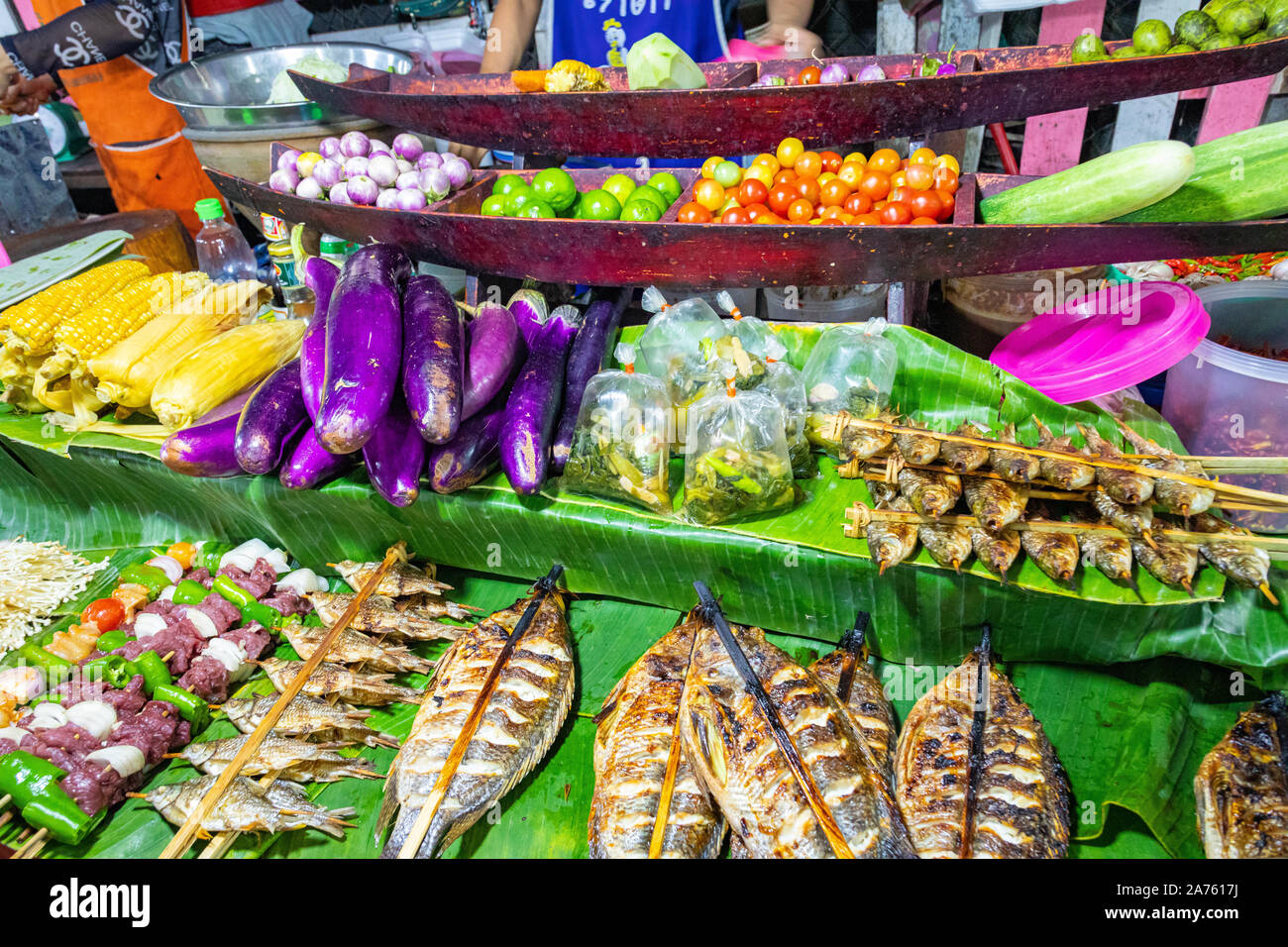 Food bazaar. Traditional buffet at local street food at Night Market at ...