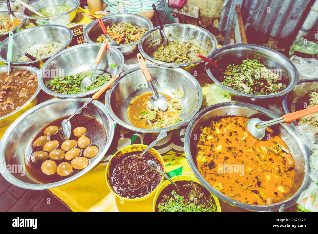 Food bazaar. Traditional buffet at local street food at Night Market at ...
