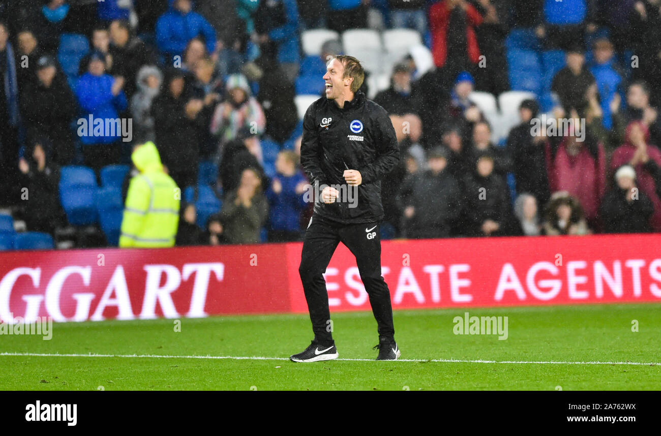 Brighton head coach Graham Potter celebrates the late win during the ...