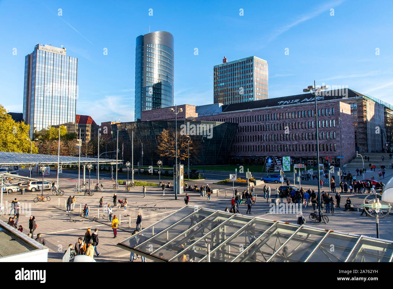 Dortmund, station forecourt, skyline of the city centre, city and state ...