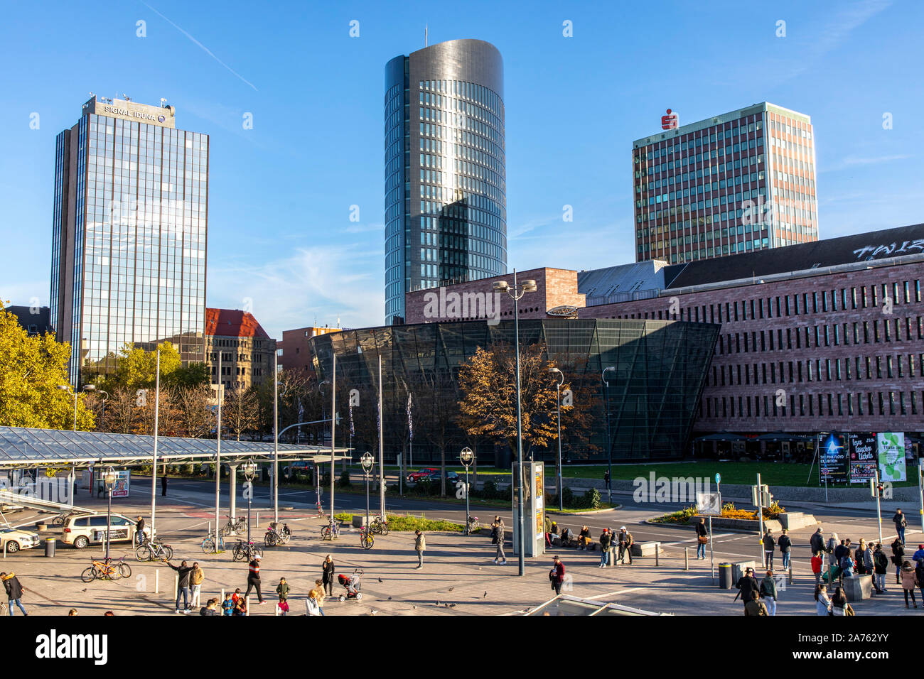 Dortmund, station forecourt, skyline of the city centre, city and state ...