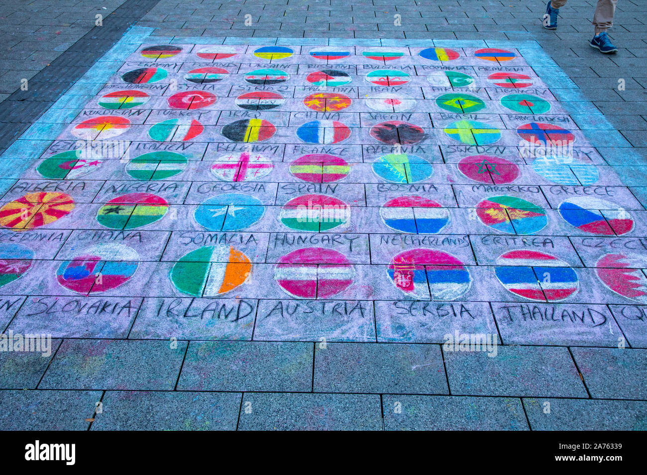 Street painting, national colours and national flags of many countries ...