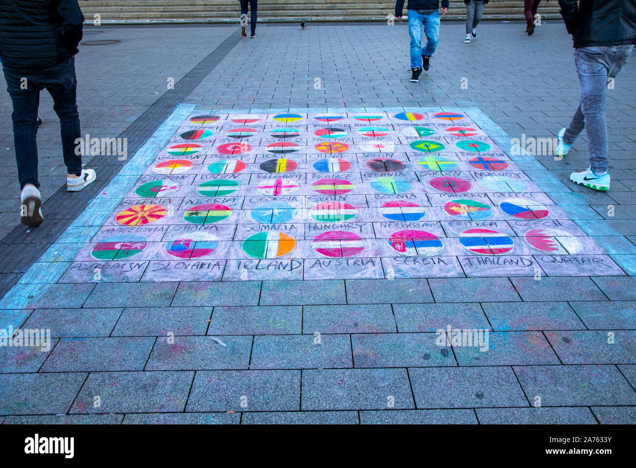 Street painting, national colours and national flags of many countries ...
