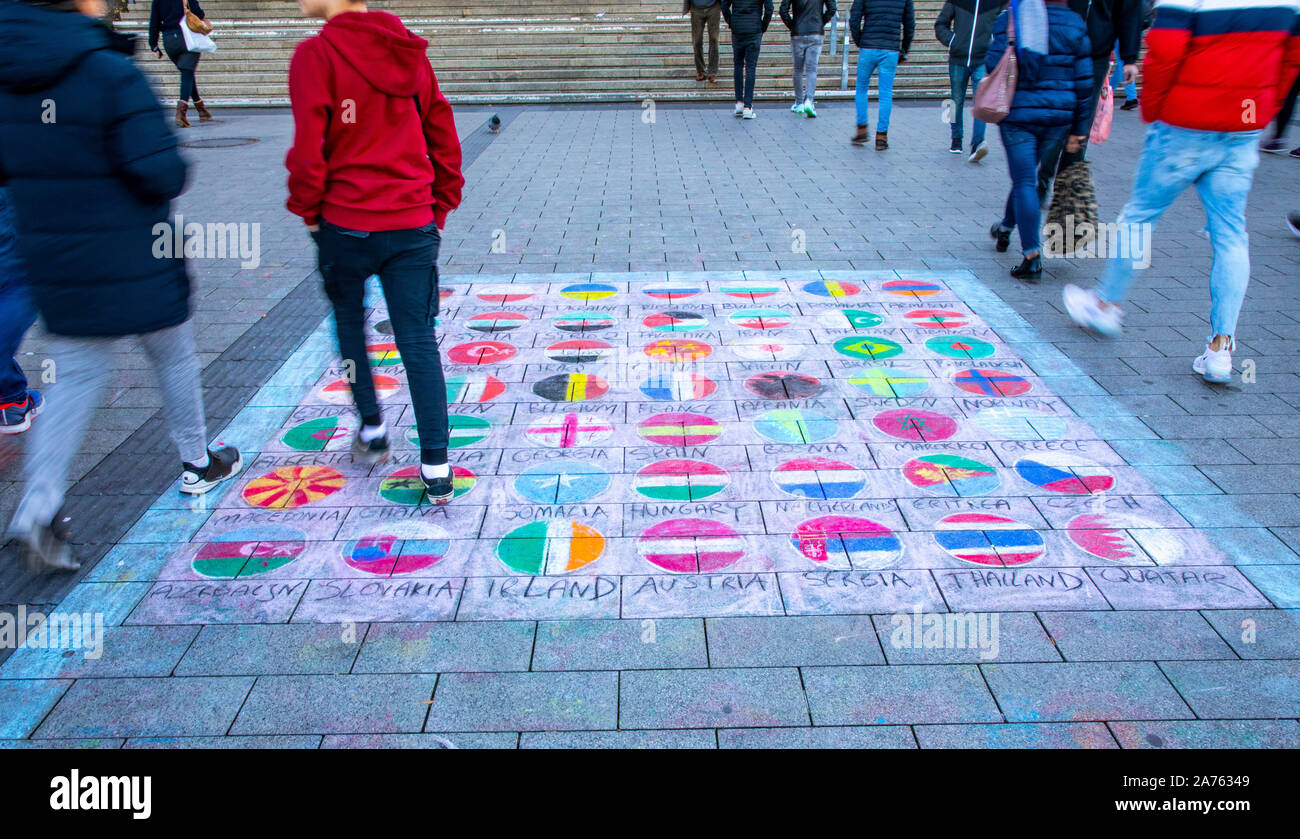 Street painting, national colours and national flags of many countries ...
