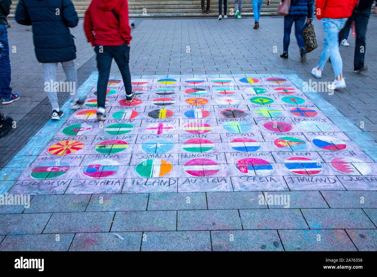Street painting, national colours and national flags of many countries ...