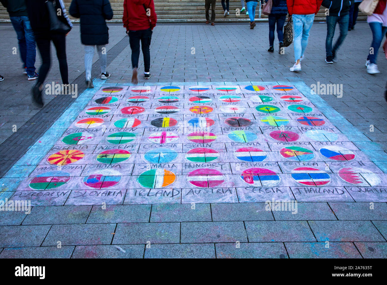 Street painting, national colours and national flags of many countries ...