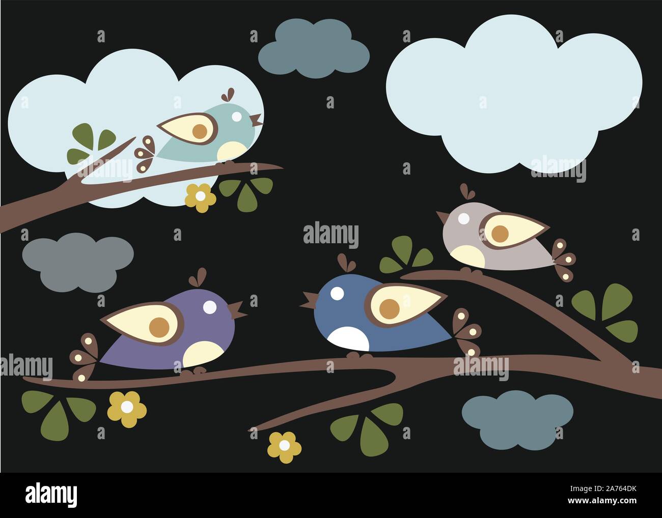 Birds sitting on tree branches. Vector Illustration. Cloudy Night Stock ...