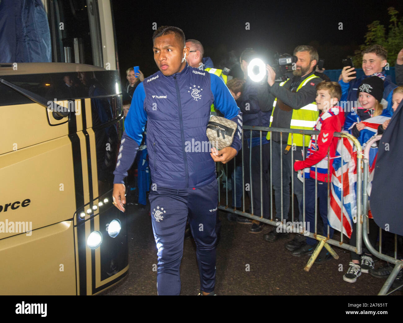 Rangers Alfredo Morelos arrives off the team bus before the Ladbrokes ...