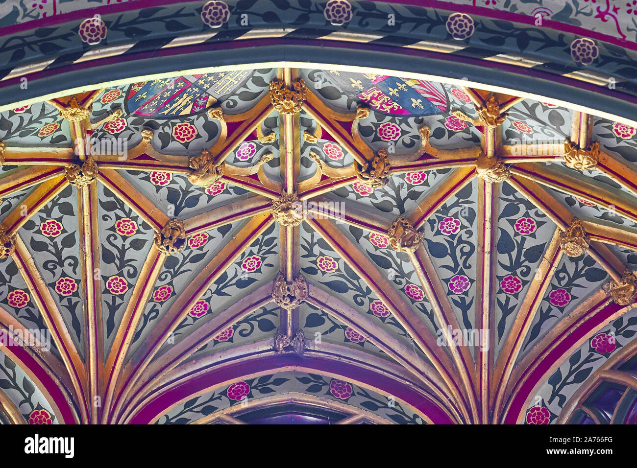 Decorated ceiling in the Old Hall at Queens' college, university of ...