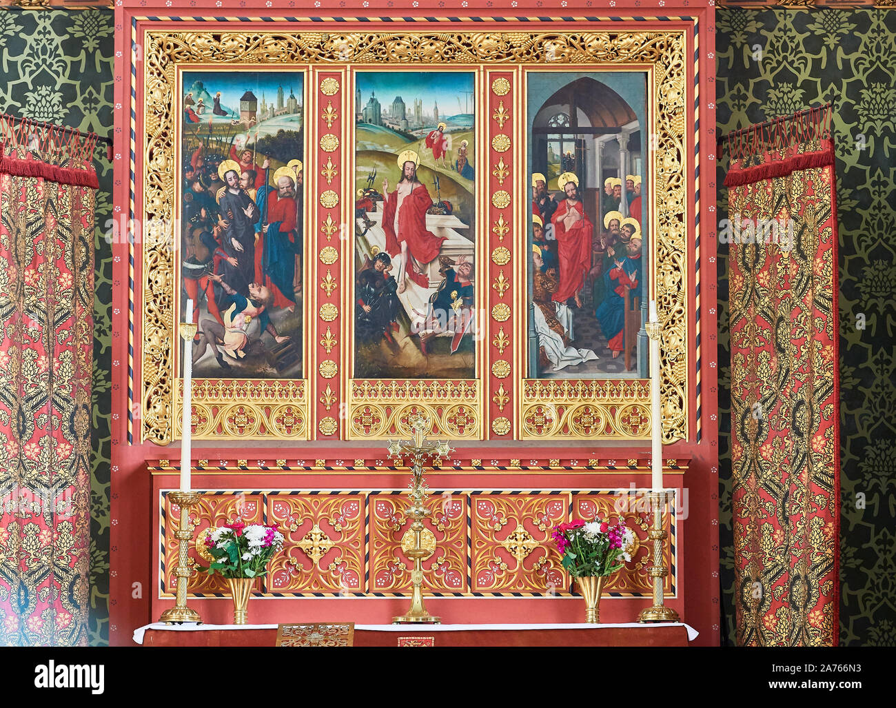 Colorful altar and reredos in the chapel at Queens' college, university ...