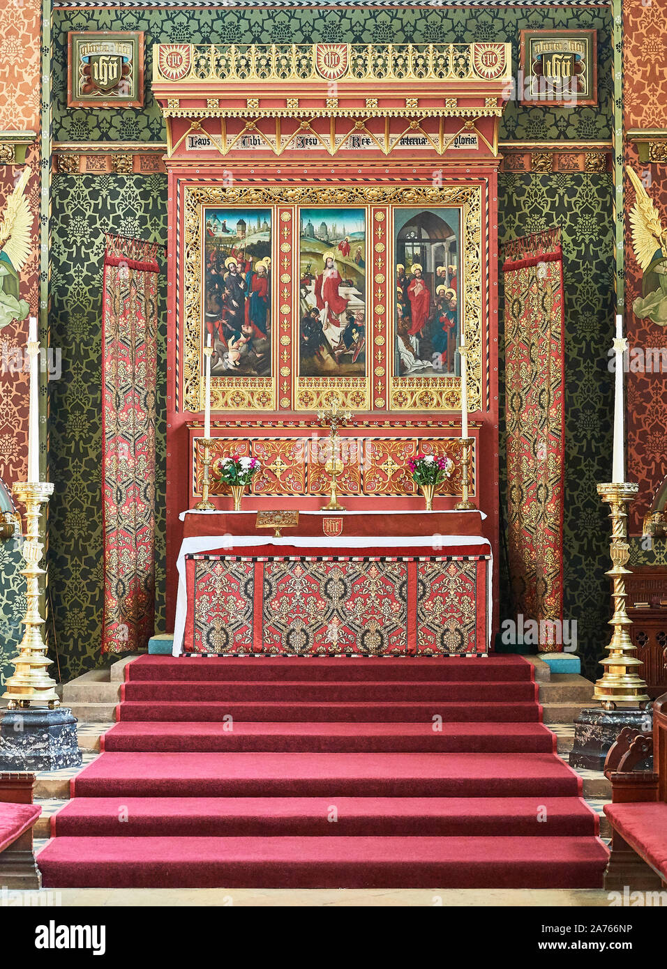 Colorful altar and reredos in the chapel at Queens' college, university ...