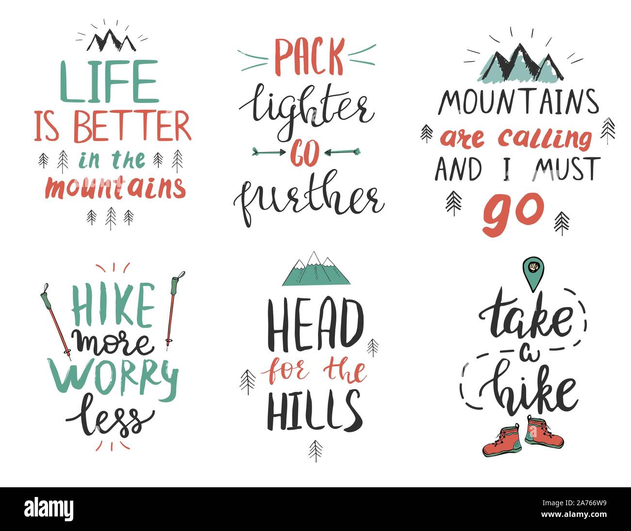 Set of motivational and inspirational quotes about mountains and hiking ...
