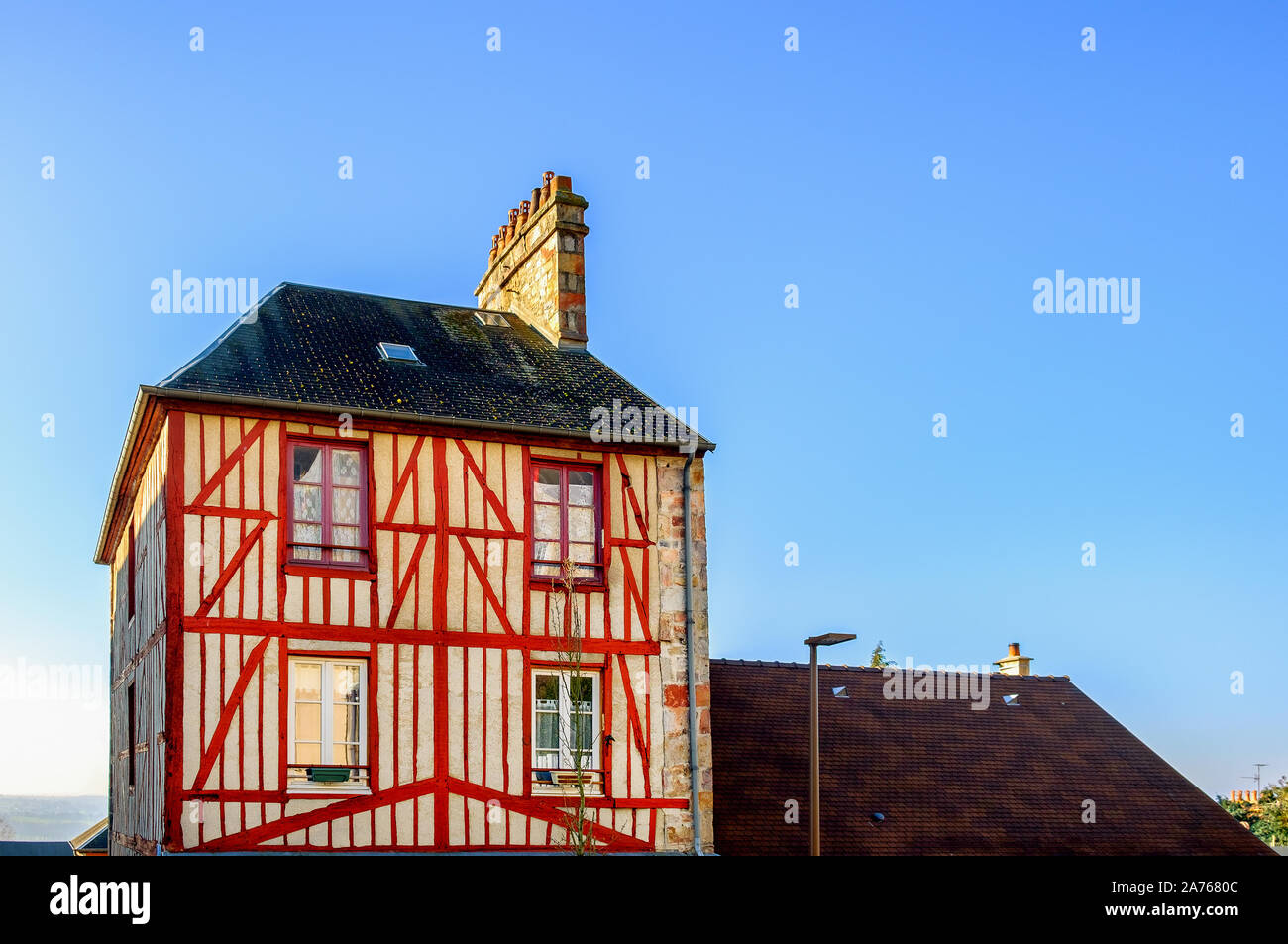 Domfront, Orne, Feb 2019, upper level of a half-timbered Norman-style ...