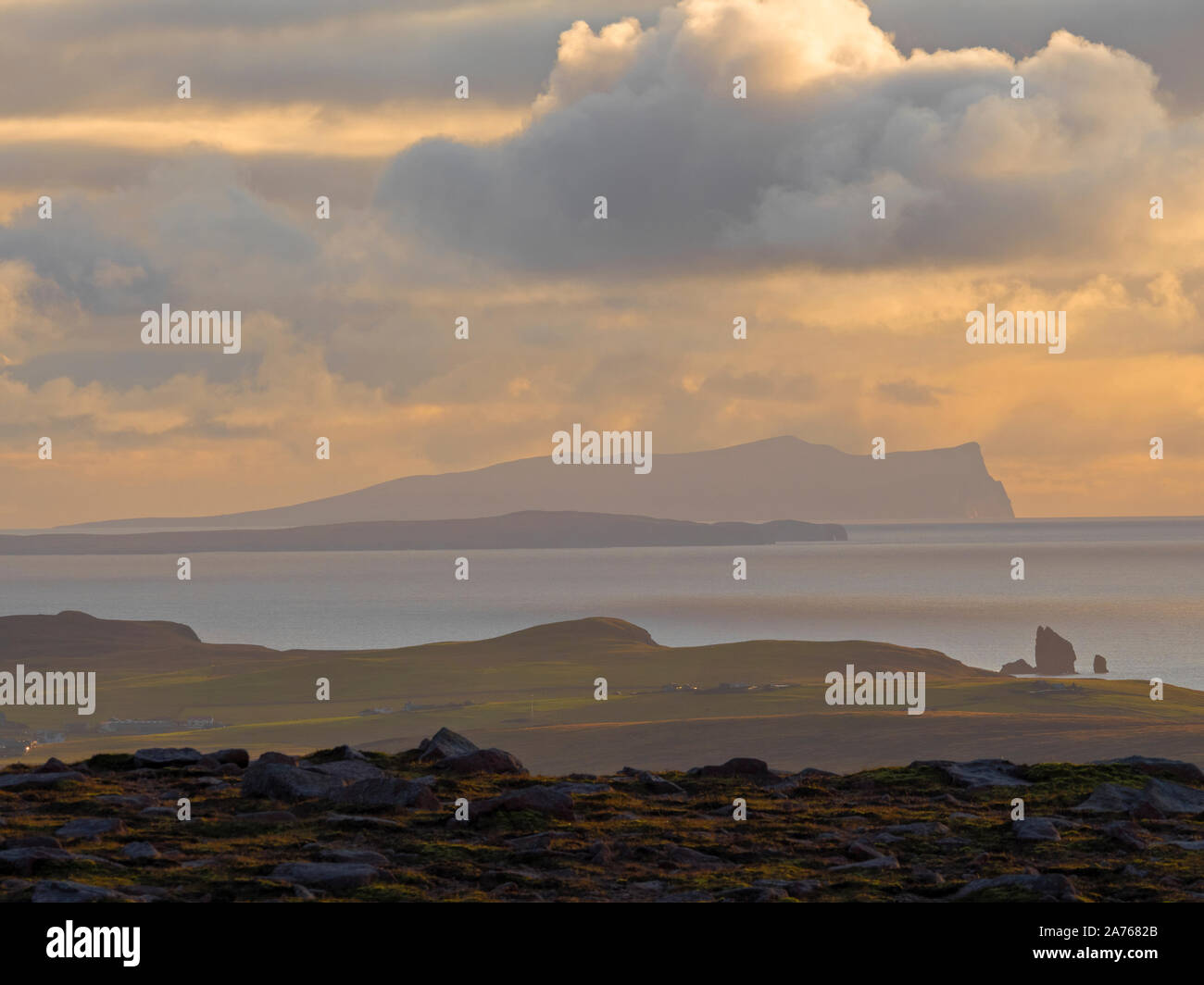 View of Foula and Muckle Ossa from Collafirth Hill, Mainland Shetland ...
