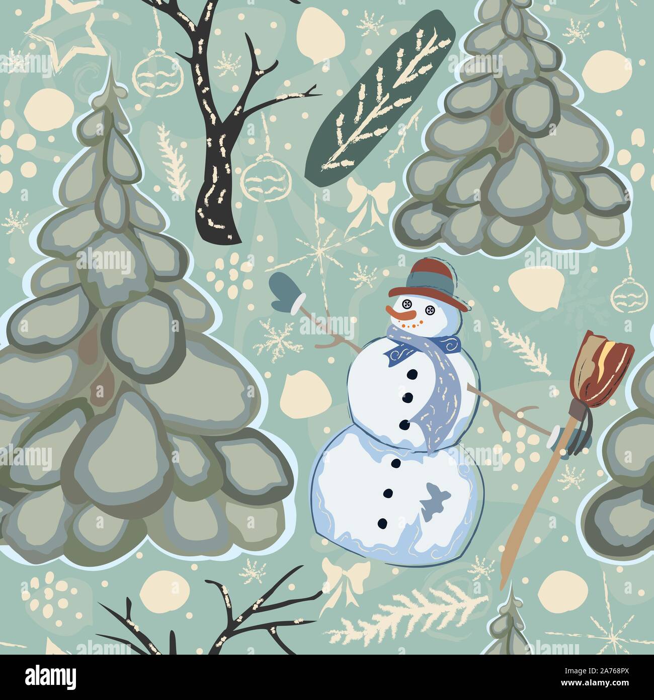 Colorful Seamless Winter Pattern with cute Snowman and Spruce Trees ...
