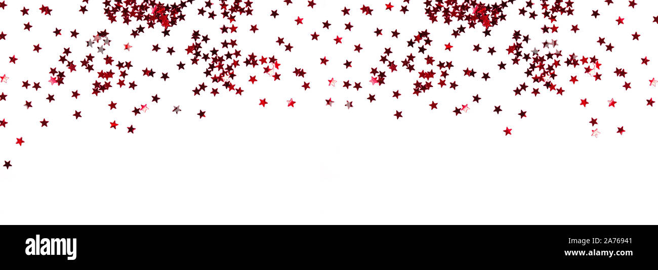 Banner with red star shaped confetti on white background Stock Photo ...