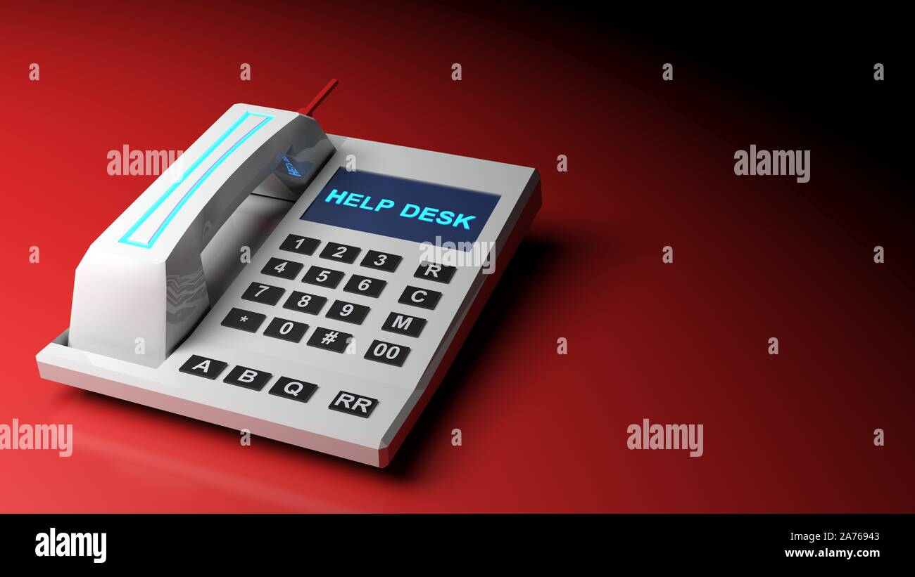 Cordless telephone with blue write HELP DESK, on a red desk - 3D ...