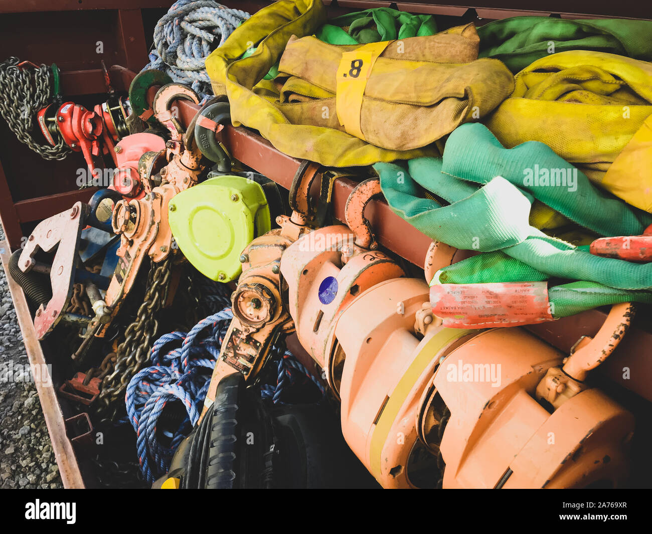 Storage steel box with ropes and chains for cranes Stock Photo - Alamy