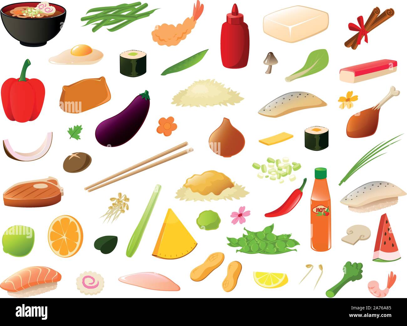 Vector illustration of various Asian food product ingredients Stock ...