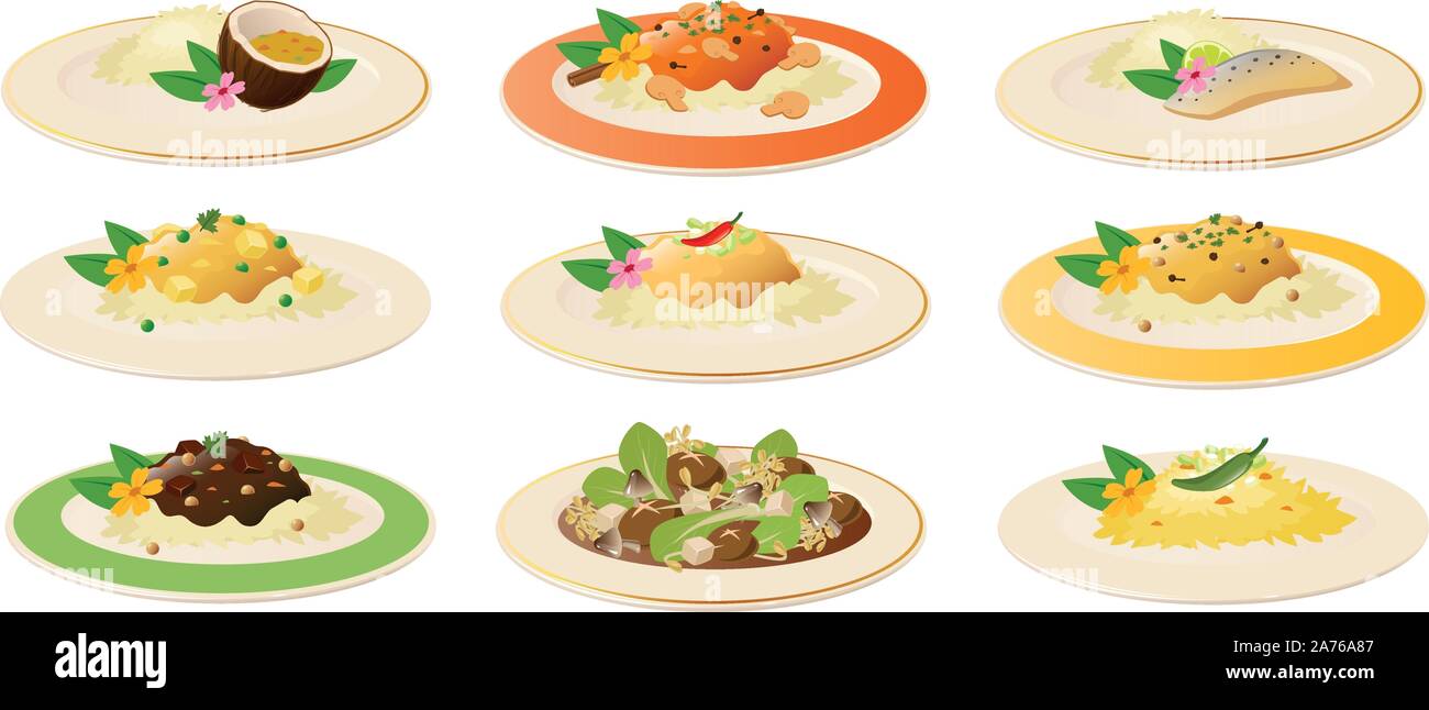 Vector illustration of various plates of Asian food dishes Stock Vector ...